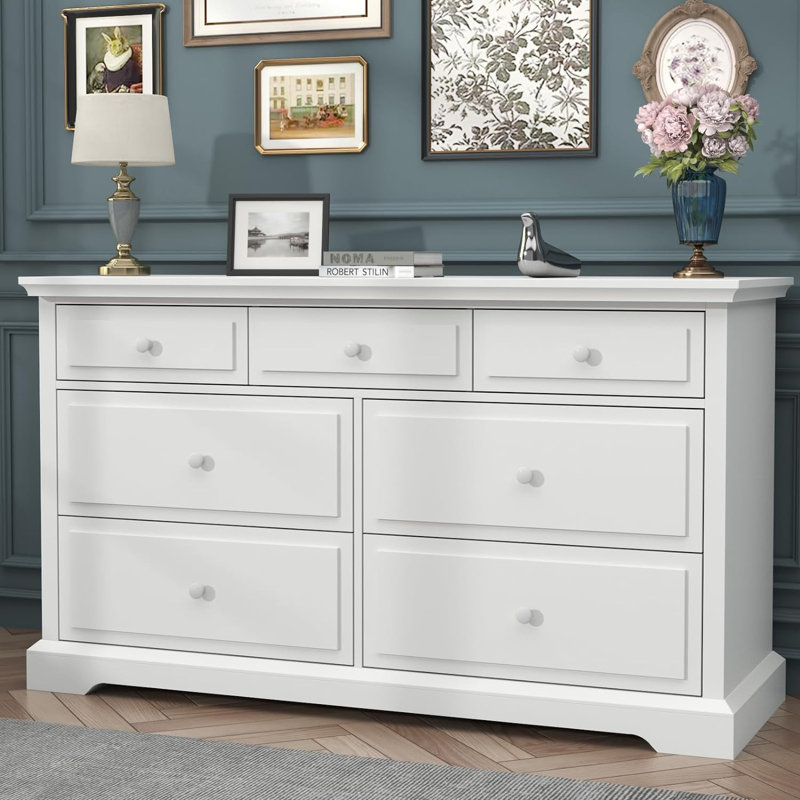 Winston Porter Raydyn 7 Drawers White Double Dressers Chests for Bedroom Large Storage Dressers Organizer for Bedroom Long Dresser Tv Stand Vintage Solid Tall Closet Dressers with Storage for Living R...